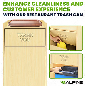 Alpine Restaurant Trash Can Cabinet with Tray Holder - Thank You Trash Can, Commercial Trash Can 40 Gallon Garbage Can Cabinet for Restaurants, Cafeterias (Oak)