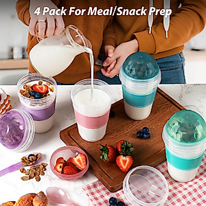 Freshmage 4 Pack 20 oz Yogurt Parfait Cups with Lids, Reusable Overnight Oats Containers with Lids, Folding Spoons and Topping Compartment for Breakfast to Go