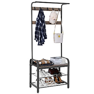 cenivi Hall Tree with Bench and Shoe Storage, 4-In-1 Entryway Bench with Coat Rack, with Hanging Rod, 9 Removable Coat Hooks, Shoes Rack, Assembled Hall Tree with Storage Furniture, Gray