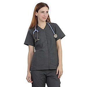 Womens V-Neck SNAP Closure Scrub TOP with Short Sleeves Size L Pewter