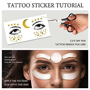 1Sheet Moon and Star Face Metallic Tattoo Sticker - Eye Gold Glitter Temporary Water Transfer Tattoo Professional Make Up Dancer Costume Parties for Women and Girls