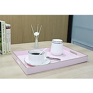 Decorative Tray, Marbling Plastic Tray with Handles, Rectangular Vanity Tray and Serving Tray for Bathroom, Kitchen, Ottoman and Coffee Table (Rectangle, Pink)