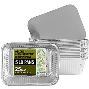 PARTY BARGAINS 5 Lb. Aluminum Foil Pans with Lids - 25 Count Set with Board Lids, 9 x 7 Inches Oblong Pan Food Container for Hot and Cold Use (Max 240°C)