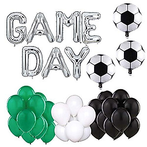Hall & Perry Game Day Soccer Balloon Kit with Mylar Letters and Soccer Balls and Latex White Green and Black Balloons