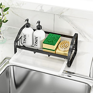 BSKSSK Sink Caddy, Sponge Holder for Kitchen Sink, Kitchen Bathroom Sink Organizer, 304 Stainless Steel Kitchen Countertop Organizer Soap Tray with Removable Drain Tray Length Version - Black