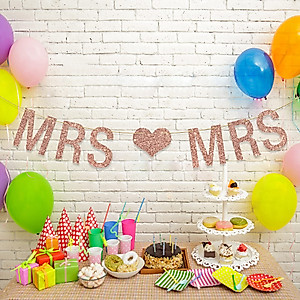 Mrs & Mrs Banner, Lesbian Theme Banner for Female's Bridal Shower/Wedding/Engagement/Anniversary Party Decorations Supplies, Gift for Lesbian Couple, Love is Love, Rose Gold Glitter