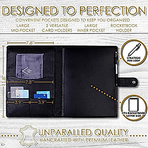 Folio Cover Compatible with Rocketbook Everlast, Fusion, Panda - A4 Faux Leather Portfolio Binder Multi Organizer Pockets, Spray Bottle, Pen Loops, Business Card Holder - Letter Size Notebook Case