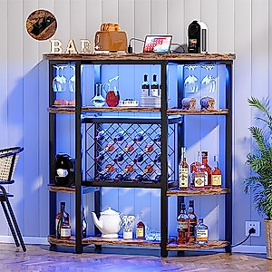 Unikito Wine Rack Freestanding Floor with Oulet and Two LED lights, 4 Tier Industrial Wine Bar Cabinet with Display Shelf, Bar Stand For Liquor, Wine Stand For Kitchen Dining Living Room, Rustic Brown