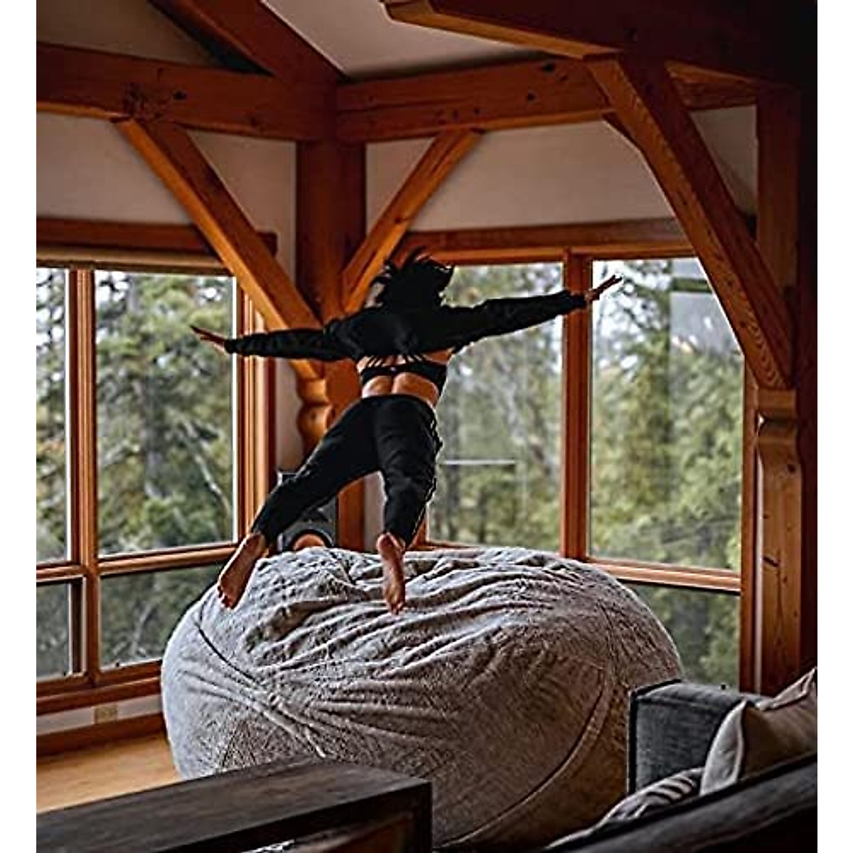 7ft Giant Fur Bean Bag Chair for Adult Living Room Furniture Big Round Soft Fluffy Faux Fur BeanBag Lazy Sofa Bed Cover (Grey)