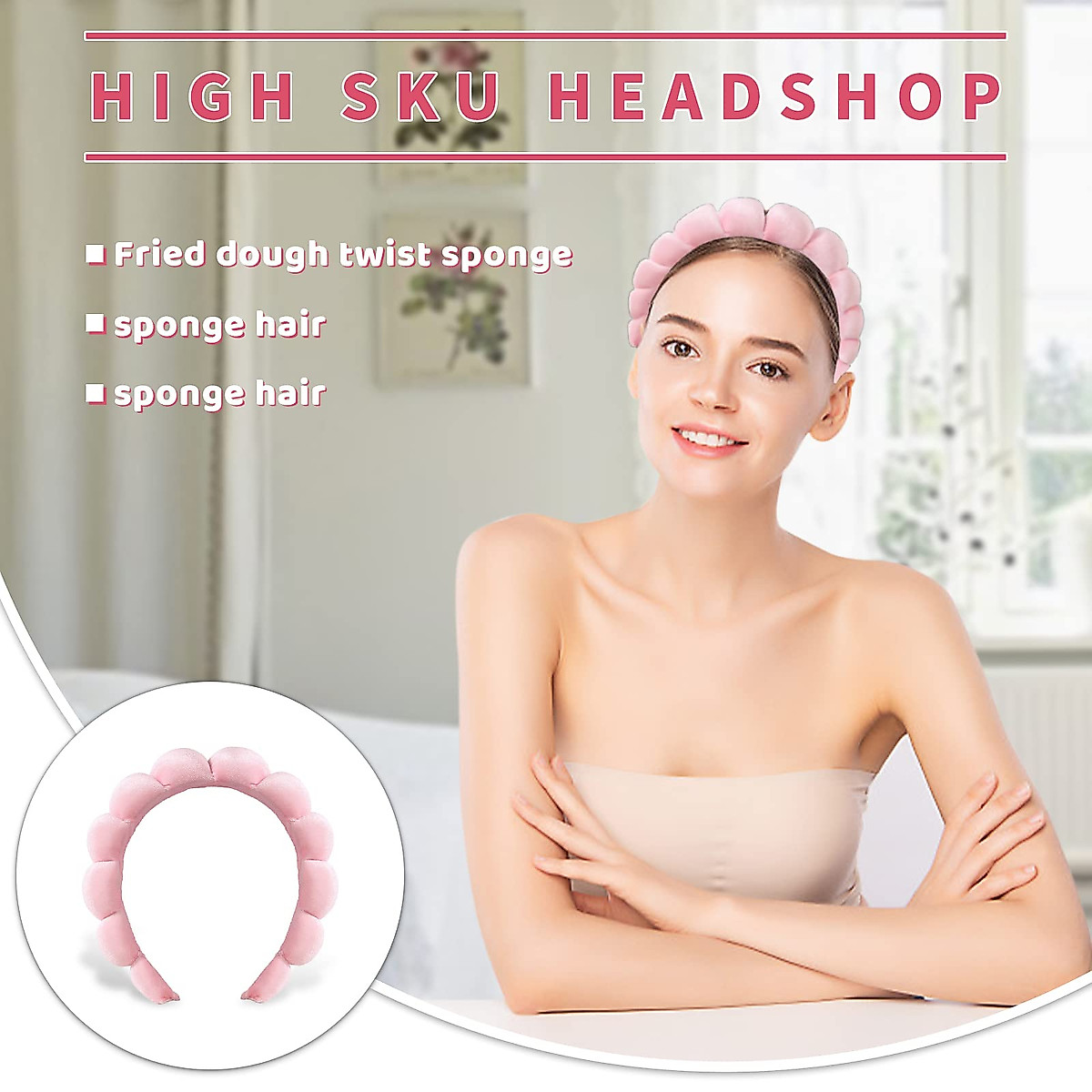 Ycfish Spa Headband, Pink - Hairband for Women's Washing Face, Bubble Headband for Skincare, Soft Non Slip Headband with Thickened Sponge for Adult Females, 1 Count