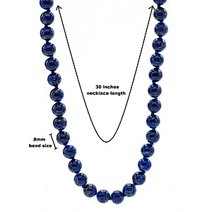 LTC Designs Sterling Silver 8mm Smooth Lapis Lazuli Bead Necklace, 30" for Men, Women, and Teens
