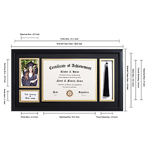 ELSKER&HOME 11x22 Diploma Frames with Tassel Holder for 8.5x11 Certificate Document Shadow Box, 4x6 Graduation Photo, Matte Black Frame, Degree Double Mat, Black with Gold Rim