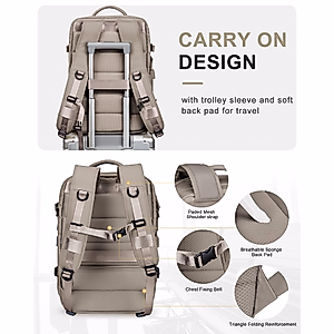 Large Travel Laptop Backpack, Expandable Flight Approved Backpack, Carry on Backpack for Women, Waterproof 17inch Laptop Hiking Backpack with Shoe Compartment, Grey Brown