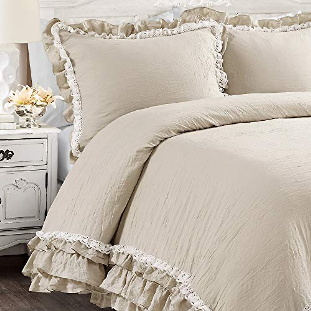 Lush Decor Ella Shabby-Chic Ruffle Lace 3-Piece King Comforter Set (Neutral)