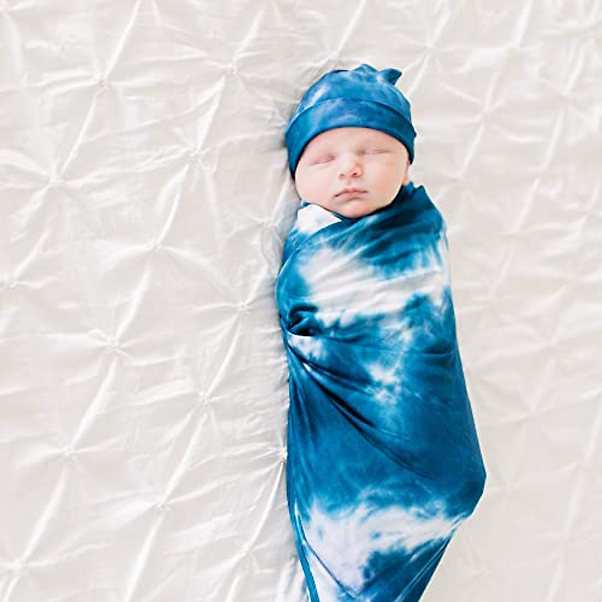 Bazzle Baby Swaddle Blanket and Hat Set, 36 x 36 inch Premium Materials Comfortable for Newborns (Navy Tie-Dye)