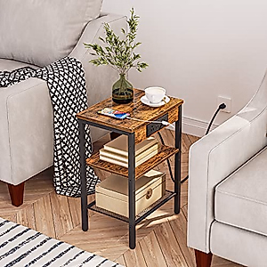 HOOBRO End Table with Charging Station and USB Ports, 3-Tier Nightstand with Adjustable Shelf, Narrow Side Table for Small Space in Living Room, Bedroom and Balcony, Rustic Brown BF112BZ01
