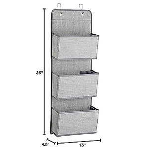 mDesign Fabric Hanging Organizers for Over the Door Storage In Bedroom/Hallway Closets, 3 Pocket Organizer Caddy, Hooks for Linens, Clothing, Accessories, Lido Collection, Textured Print, 2 Pack, Gray