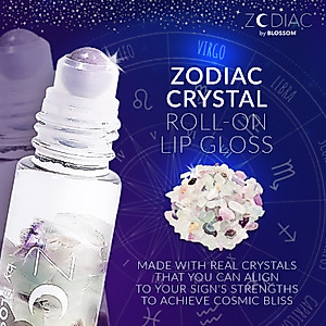 Blossom Iridescence Watermelon Flavored, Longlasting High Gloss, Glitter Shimmer Crystal Lip Gloss + Zodiac Sign Vanilla Scented Roll On Lip Gloss with Crystals, 2 Pack Bundle, Tourmaline Dream/Virgo