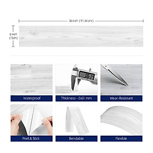 FunStick 6"x36" Peel and Stick Flooring Planks White Wood Vinyl Flooring Peel and Stick Floor Tile White Grey Wood Vinyl Plank Flooring Waterproof Sticky Tiles for Floor Bedroom Bathroom Kitchen 5 Pcs