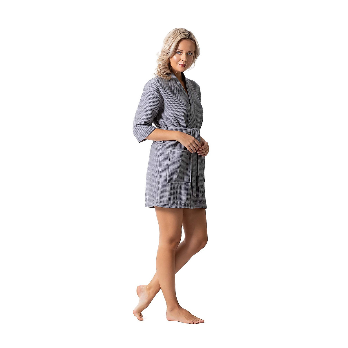 Lightweight Waffle Weave Bath, Spa & Bridesmaids Kimono Short Robes (Gray, L)