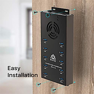 BrovSS: 10 Port USB 3.0 Hub - USB Hub Charger - Powered USB Hub - USB Charging Splitter - Multiple USB Port Hub - Charging Hub with 5V 10A 120W Power Adapter, Cooling Fan, Mounting Brackets (Black)