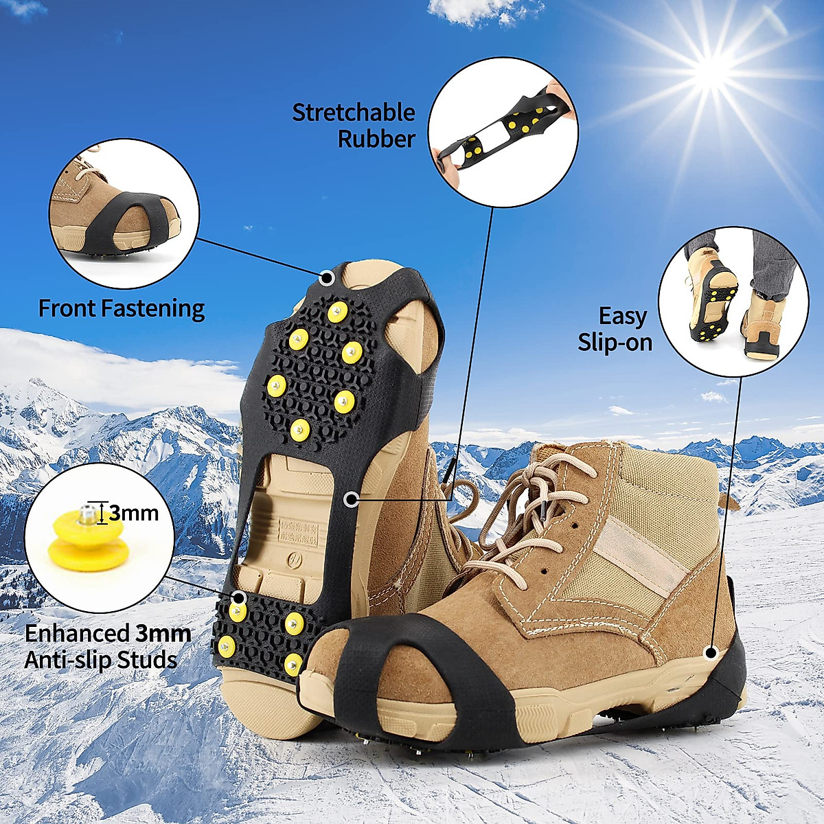 Xproutdoor Ice Cleats Snow Grips, Non-Slip Traction Crampons 10 Steel Studs with Extra 20 Replacement Studs, for Shoes/Boots, Snow Ice Walking, Small