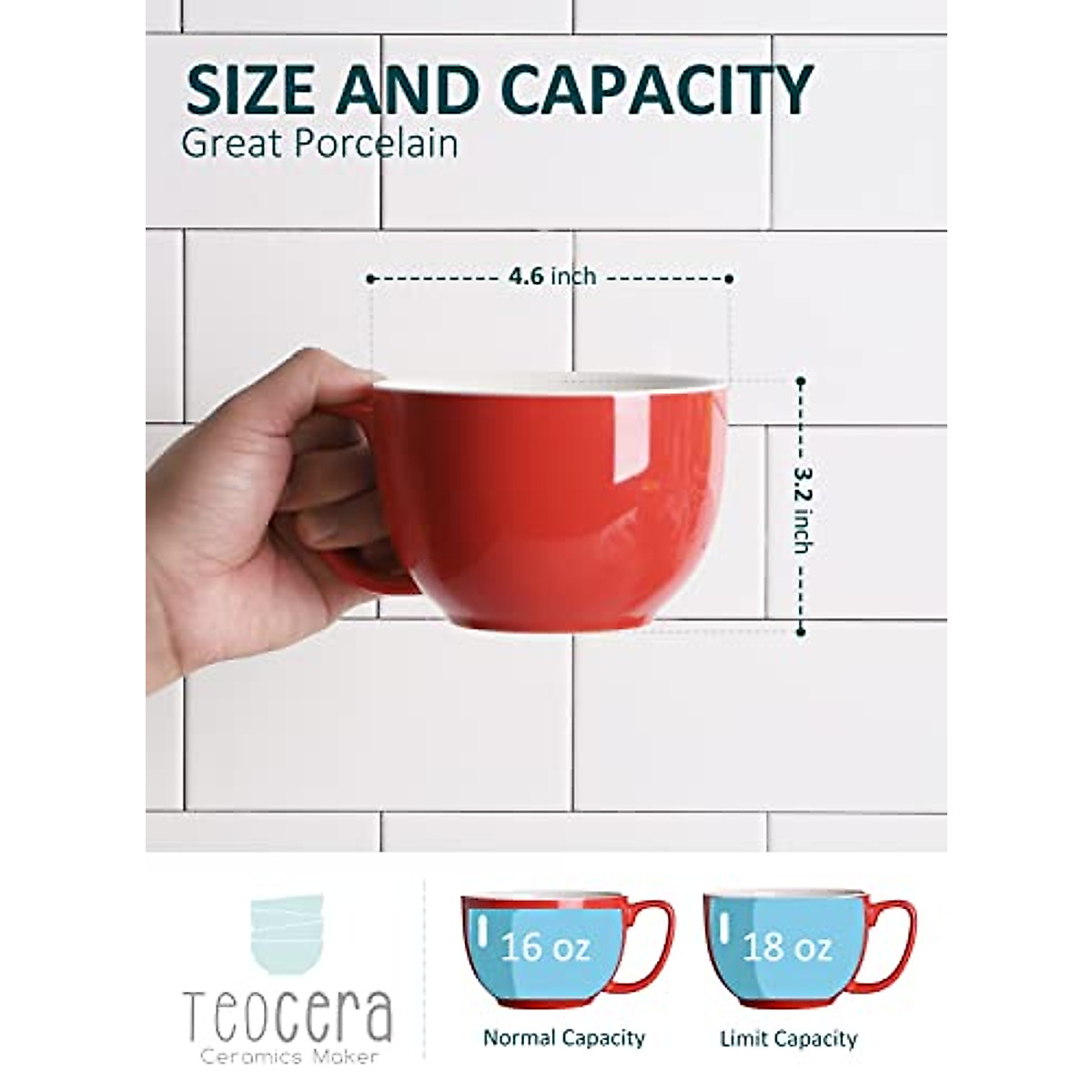 Cappuccino Cups, Red Porcelain Jumbo Coffee Mug Set of 4 Christmas Gift - 16 Ounce Cups with Handle for Hot or Cold Drinks like Cocoa, Milk, Tea or Water - Smooth Ceramic