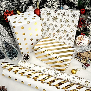 LDGOOAEL Mini Short Small Christmas Wrapping Paper Roll (17" X 120") - Gold Foil Snowflakes Stripe Polka Dot Design for Holiday, Birthday