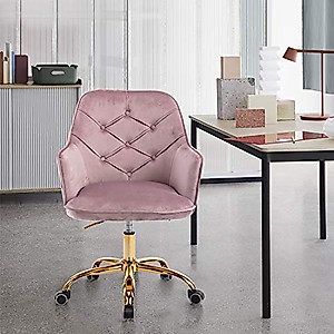Velvet Swivel Shell Chair on Wheels,Modern Leisure Arm Chair with 360 Degrees and Adjustable Lift Heigh,Accent Home Office Chair with Golden Metal Base for Living Room,Study (Light Pink + Metal)