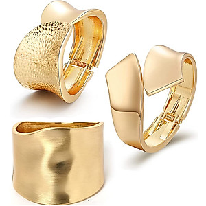 SAMOCO 3Pcs 18K Gold Plating Bangles Bracelets for Women Chunky Polished-Finish Wrist Cuff Wrap Hinge Twist Bangle Opening Wide-Grooved Wire Statement Fashion Jewelry Bracelet for Women