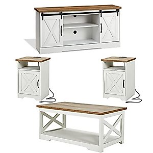 AMERLIFE 4-Piece Farmhouse Table Set Includes Sliding Barn Door TV Stand, Coffee Table& Two End Tables, Side Table with Charging Station and USB Ports, for Living Room, Bedroom, Distressed White, 59‘