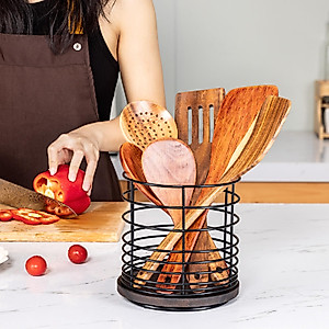 360°Rotating Utensil Holder for Kitchen Counter-6.5" Metal & Wooden Large Cooking Utensil Holder with Drainage Hole，Kitchen Utensil Storage Organizer for Countertops，Spatula Holder for Farmhouse Decor