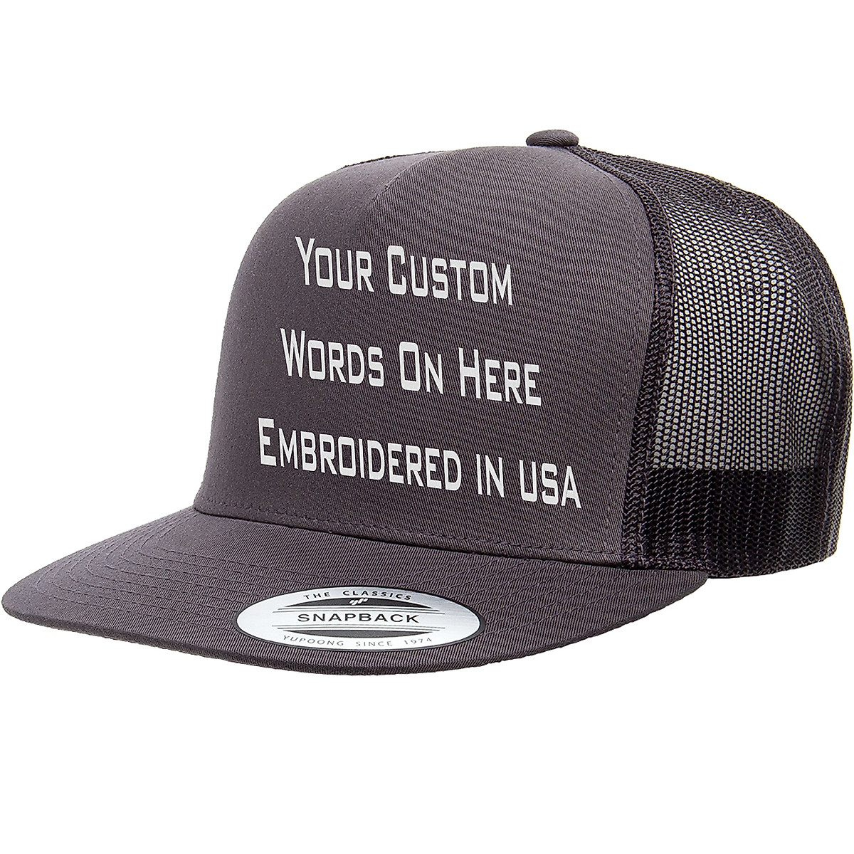 Custom Flat Bill Trucker Snapback Hat Yupoong 6006 Embroidered Your Own Text (Charcoal Flatbill Trucker)