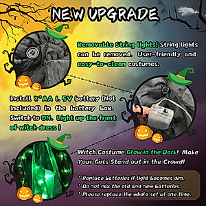 Poshetion Witch Halloween Costumes for Girls, Toddler Light Up Witch Dress with Witch Broom and Hat, Kids Witch Costume Glow in the Dark for Wicked Halloween Dress-Up Party Gifts (Green, Toddler)