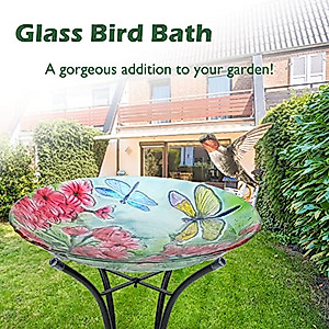 Glass Bird Baths for Outdoors, Outside Birdbaths Garden Bird Feeder with Metal Stand for Garden Patio Lawn Yard Decor 17.7" Dia 20.8” Height Dragonfly