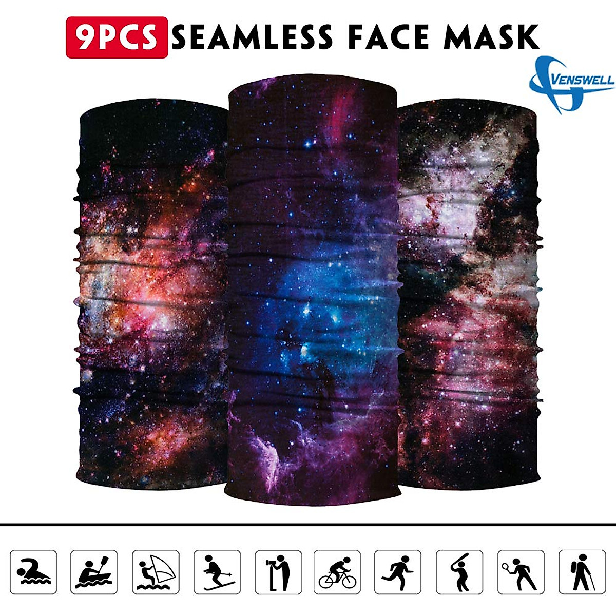 Venswell Neck Gaiter Face Mask Men Women,Seamless Bandana Rave Face Cover Scarf Mask,Balaclava,Headband, Head Wrap,Headwear