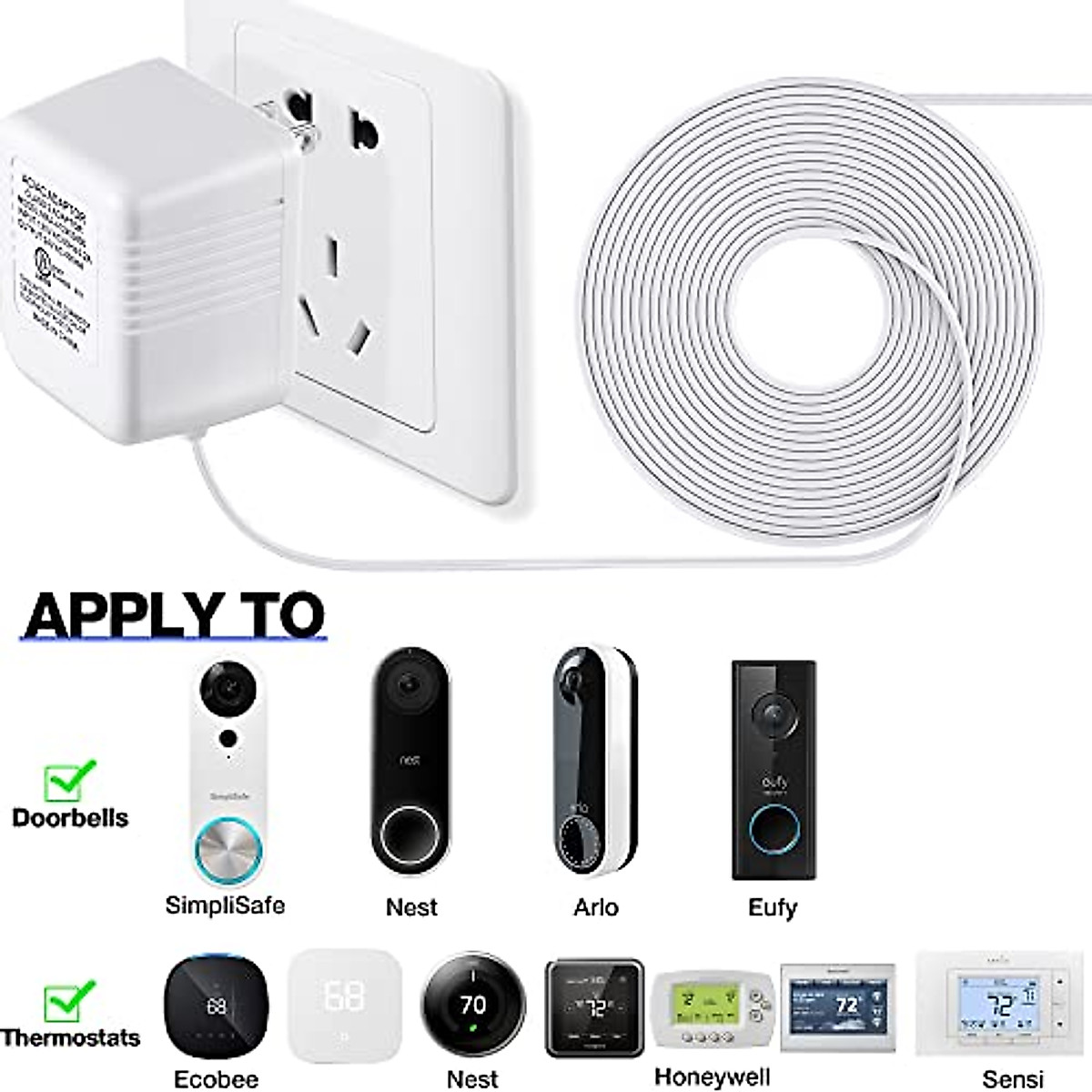 24V Doorbell Power Supply Adapter, 16.4ft C Wire Adapter Video Doorbell Transformer with 50pcs Cable Clips, Certified Doorbell Adapter Compatible with Simplisafe, Nest Doorbell and Smart Thermostats