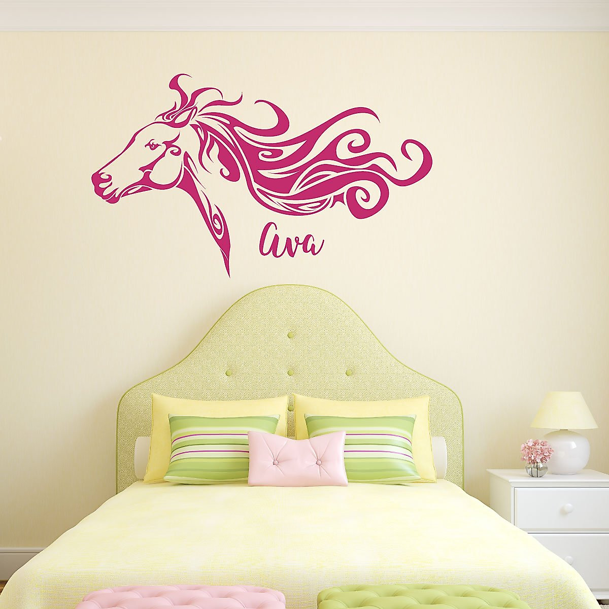 Room Wall Decor - Horse Head w/Customized Name Rustic Vinyl Decal Stickers for Home in Teen n Kids, Girls n Boys Bedroom, Bathroom or Playroom - Custom Sizes and Colors Match Any Themed Living Space