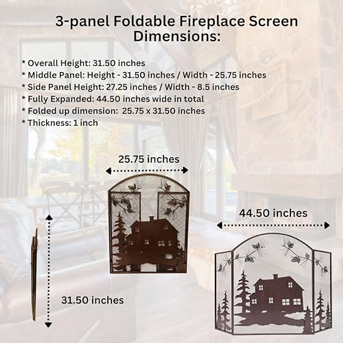 BestGiftEver 3-Panel Fireplace Screen Decorative with House Cabin Lodge Pine Cone Design - Stand Alone Fireplace Cover Metal Mesh Screen - Home Decorative Firescreen forRustic Western Country Style