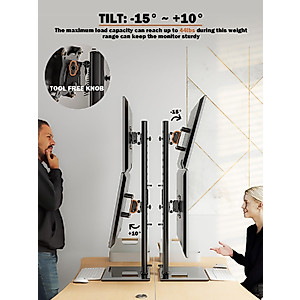Dual Monitor Stand - Vertical Stack Screen Free-Standing Monitor Riser Fits Two 13 to 34 Inch Screen with Swivel, Tilt, Height Adjustable, Holds One (1) Screen up to 44Lbs HT05B-002