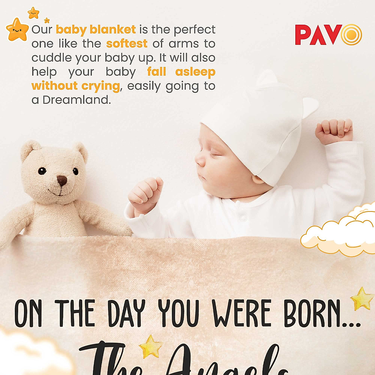 Pavo Personalized Baby Blanket with Name - Baby Teddy Bear with Moon Blanket - Includes Bib & Onesie Option - Personalized Baby Gifts for Christmas, Thanksgiving, Shower