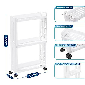 HAIXIN Slim Rolling Storage Cart, 3 Tier Bathroom Organizer Mobile Shelving Unit, Mobile Shelving Unit Storage Rolling Utility Cart, Tower Rack for Kitchen Bathroom Laundry Dorm Narrow Places, White