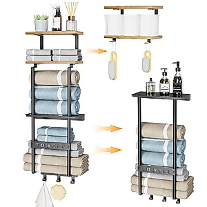 ATSKIM Wall Mounted Towel Rack for Rolled Towel, 2-Tier Detachable Wooden Shelf Bath Towel Organizer and Storage for Small Bathroom, Towel Holder for Bathroom Wall with Middle Partition (Black)