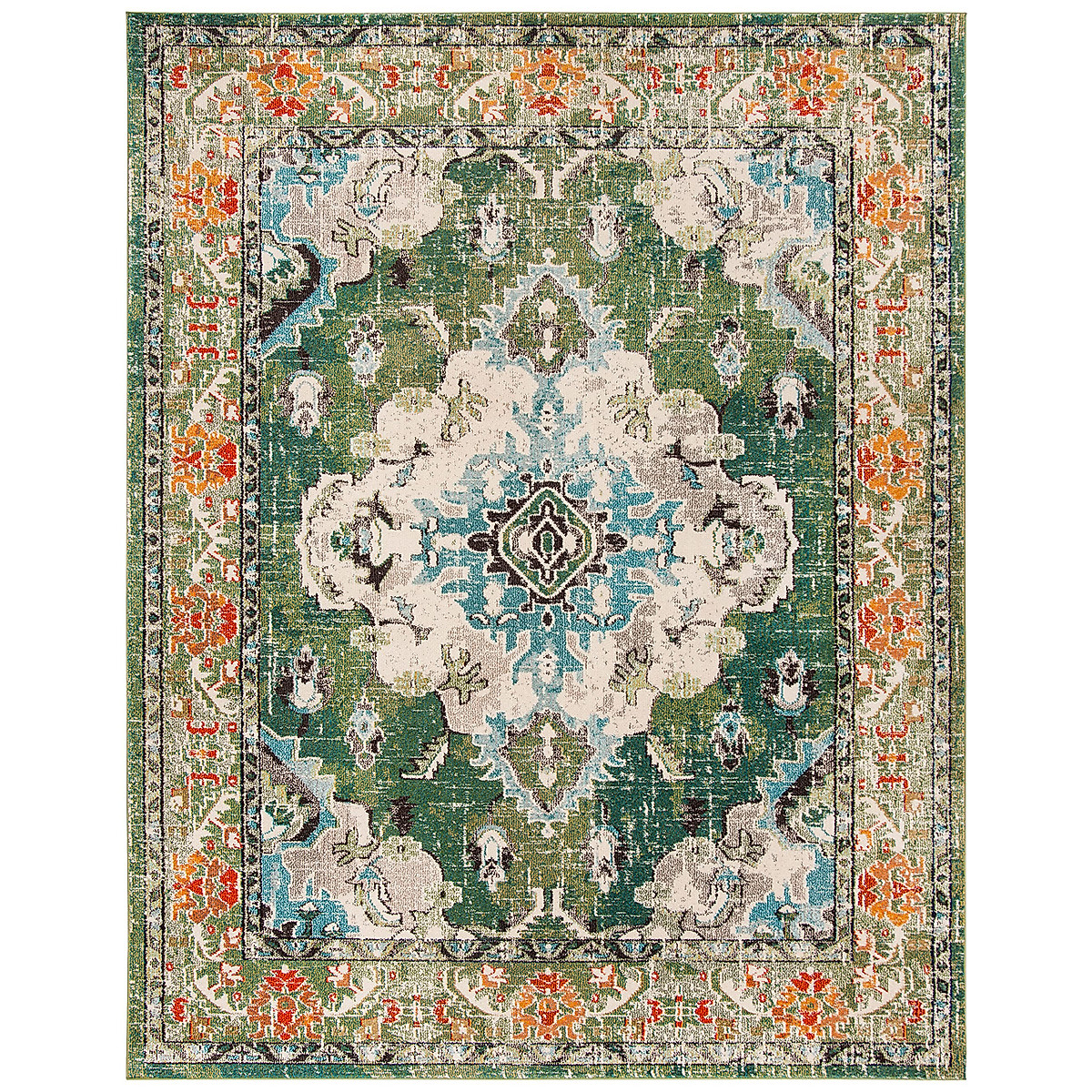 SAFAVIEH Monaco Collection Area Rug - 10' x 14', Forest Green & Light Blue, Medallion Distressed Design, Non-Shedding & Easy Care, Ideal for High Traffic Areas in Living Room, Bedroom (MNC243F)