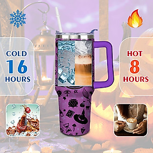 qoepfnsh Halloween Tumbler 40 oz Halloween Tumblers with Handle and Straw Purple Witchy Stainless Steel Insulated Coffee Cups Mugs Halloween Gifts Stuff for Women Girls