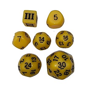 DCC Special 7 - Yellow - Set of 7 Rare and Unusual RPG dice Approved for use with Dungeon Crawl Classics