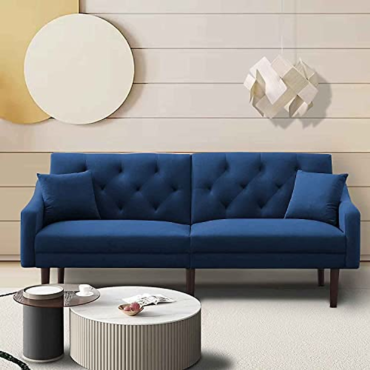 DNYN Convertible Sleeper Futon Sofa with 2 Pillows, Velvet Tufted Couch w/Metal Legs and Adjustable Backrest, for Apartment Office Small Space Living Room Furniture, Blue