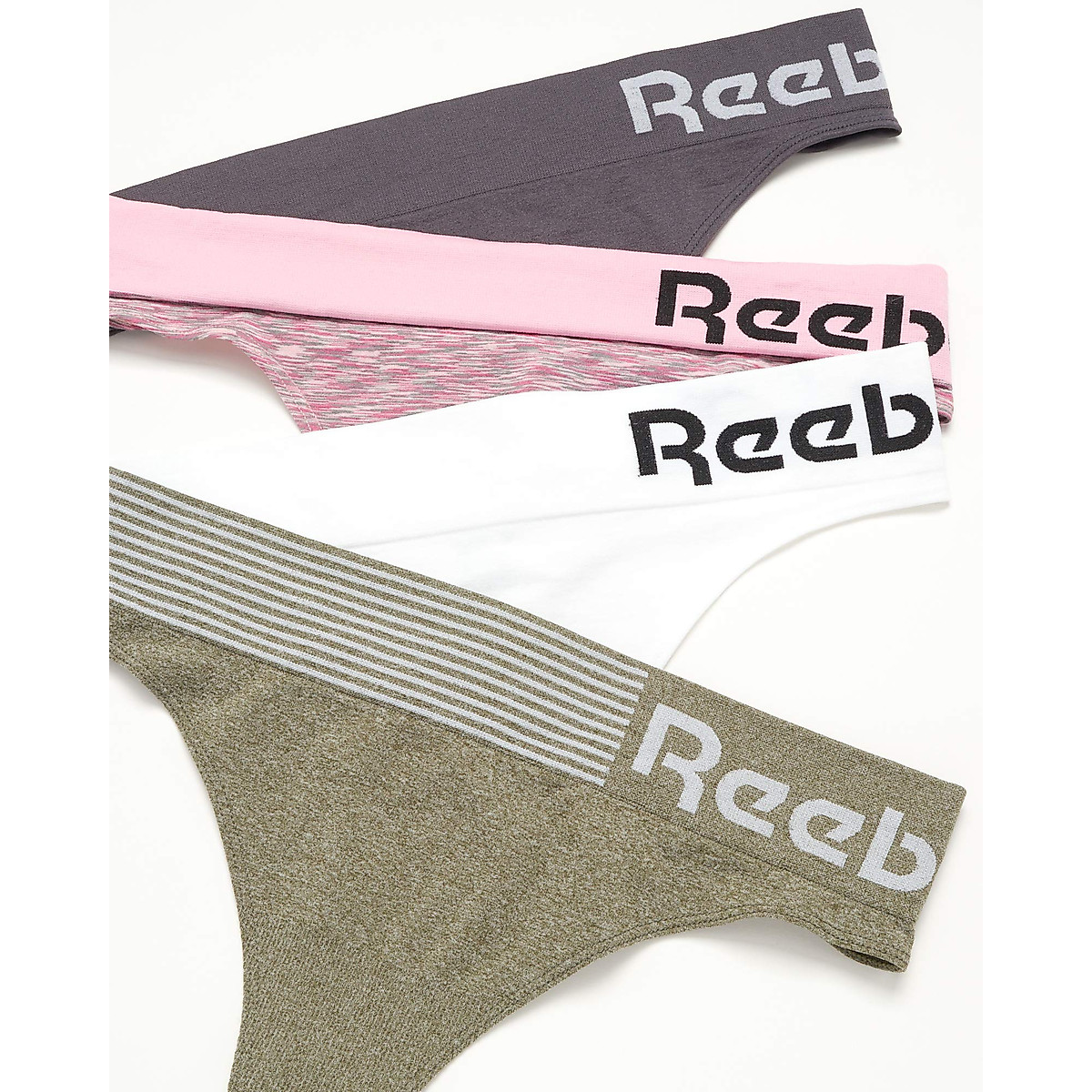 Reebok Women's Thongs - 4 Pack Performance Seamless Thongs for Women Sexy Panties - Breathable Underwear for Women (S-XL), Size X-Large, Pink Space-dye/Green/White/Charcoal
