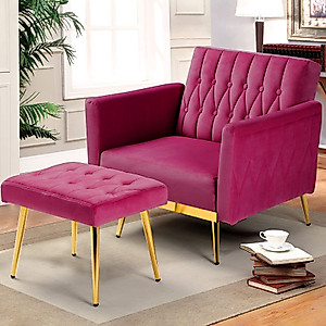 ACMEASE Velvet Accent Chair with Adjustable Armrests and Backrest, Button Tufted Lounge Chair, Single Recliner Armchair with Ottoman and Pillow for Living Room, Bedroom, Fuchsia