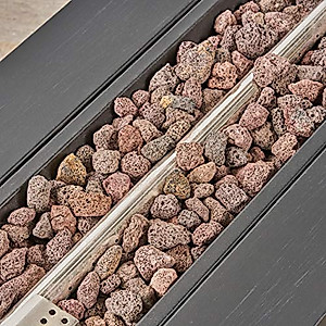 Great Deal Furniture GDFStudio Outdoor Farmhouse Acacia Wood 8 Seater U-Shaped Sectional Sofa Set with Fire Pit, Teak, Blue, and Dark Gray